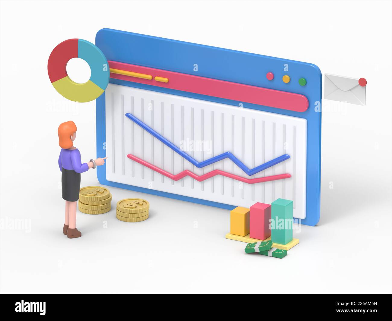 3D illustration of European businesswoman Ellen analyzing financial ...