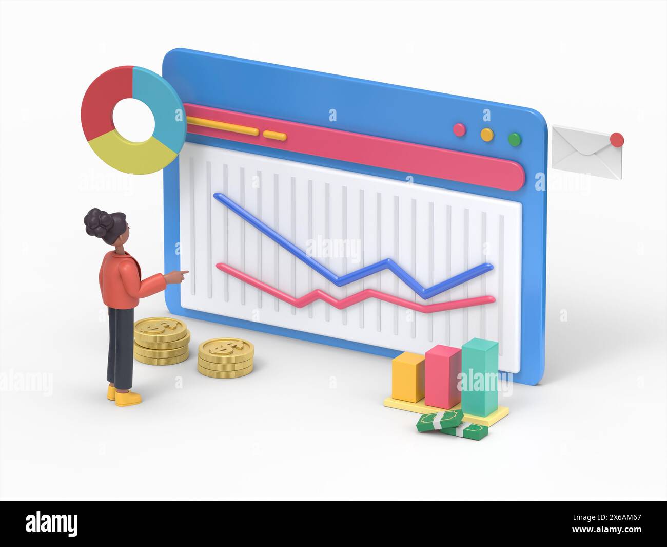 3D illustration of african american woman Coco analyzing financial data ...