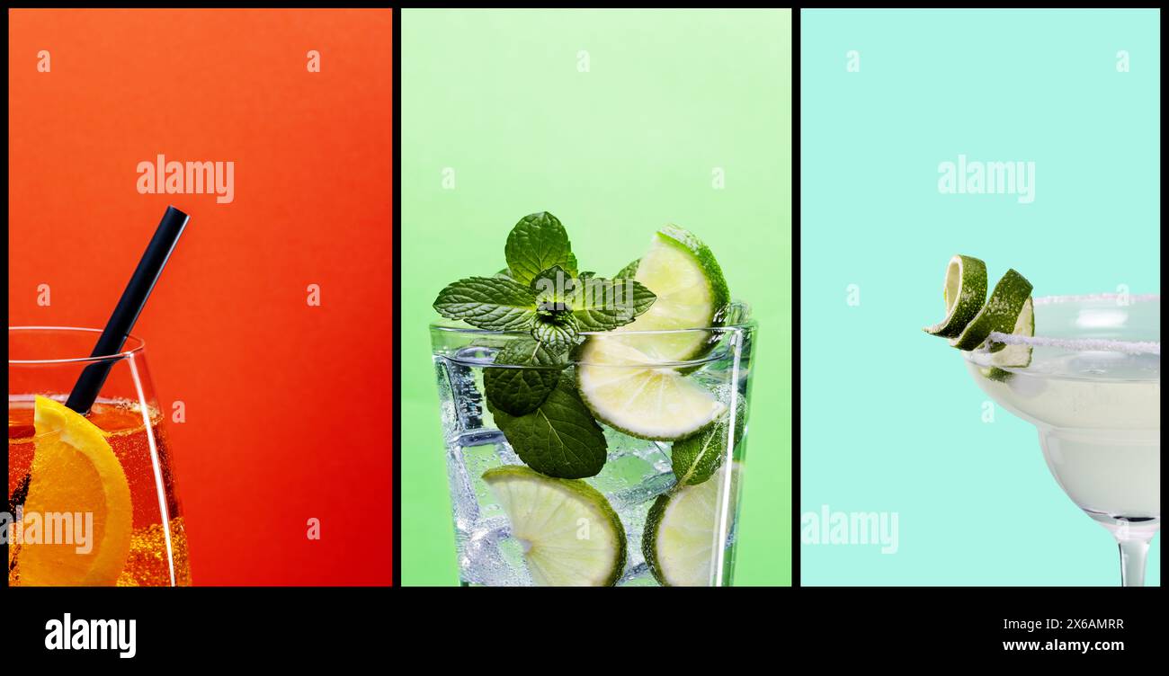 Collage of alcoholic cocktail drinks on colored backgrounds. Close up ...
