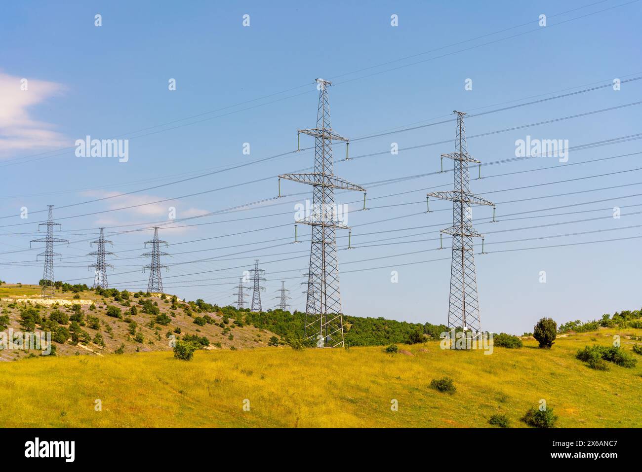 High voltage towers Electric pole. Power line support with wires for ...