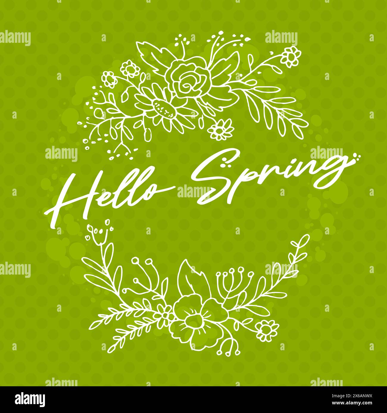 Green dotted background with hand drawn flower ornaments and the words hello spring, vector ...