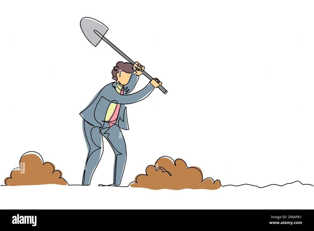 Single one line drawing active businessman digging in dirt using shovel ...