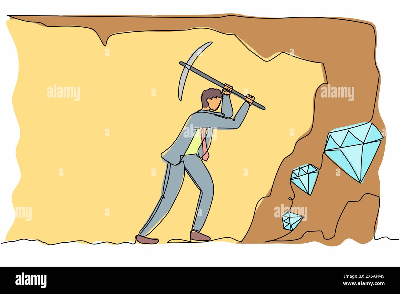 Single one line drawing active businessman digging with pickaxe to get ...