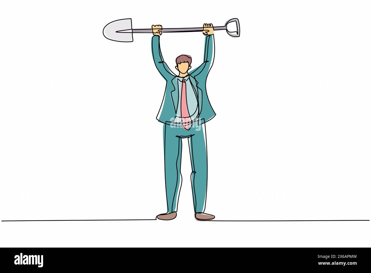 Single continuous line drawing young businessman standing and lifting ...