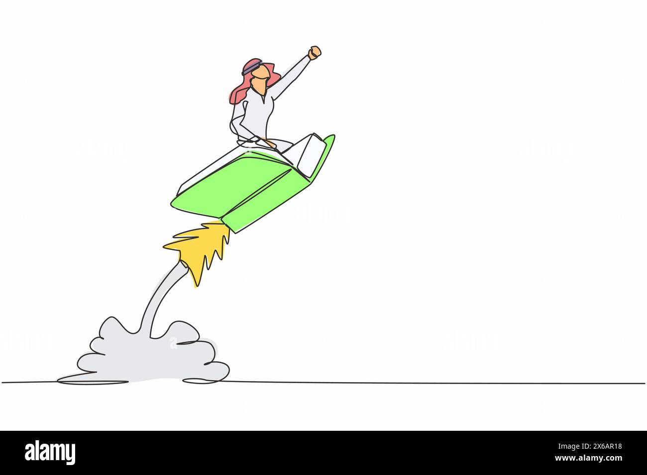 Single continuous line drawing Arabian businessman riding book rocket ...