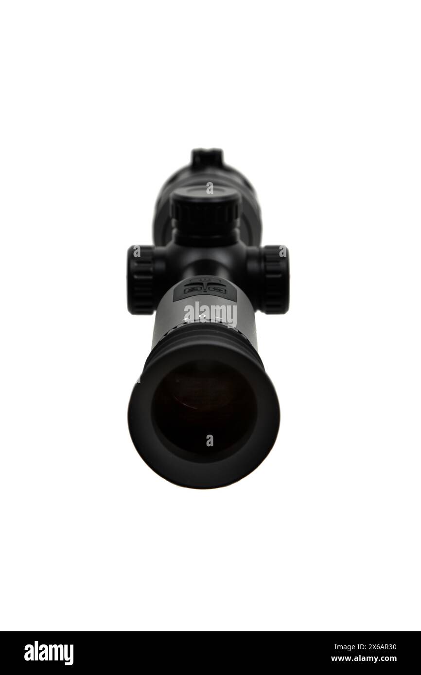 Modern sniper scope on a white background. Optical device for aiming ...
