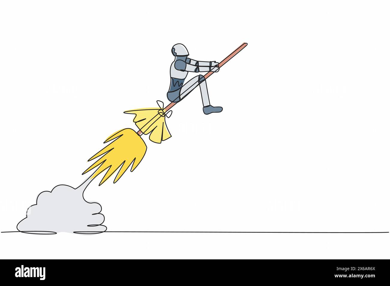 Continuous one line drawing robot riding broom rocket flying in the sky ...
