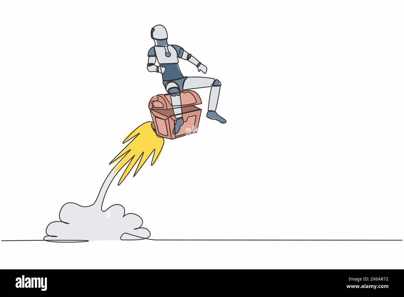 Single continuous line drawing robot riding treasure chest rocket ...