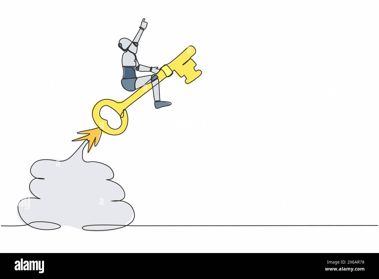 Continuous One Line Drawing Robot Riding Key Rocket Flying In The Sky