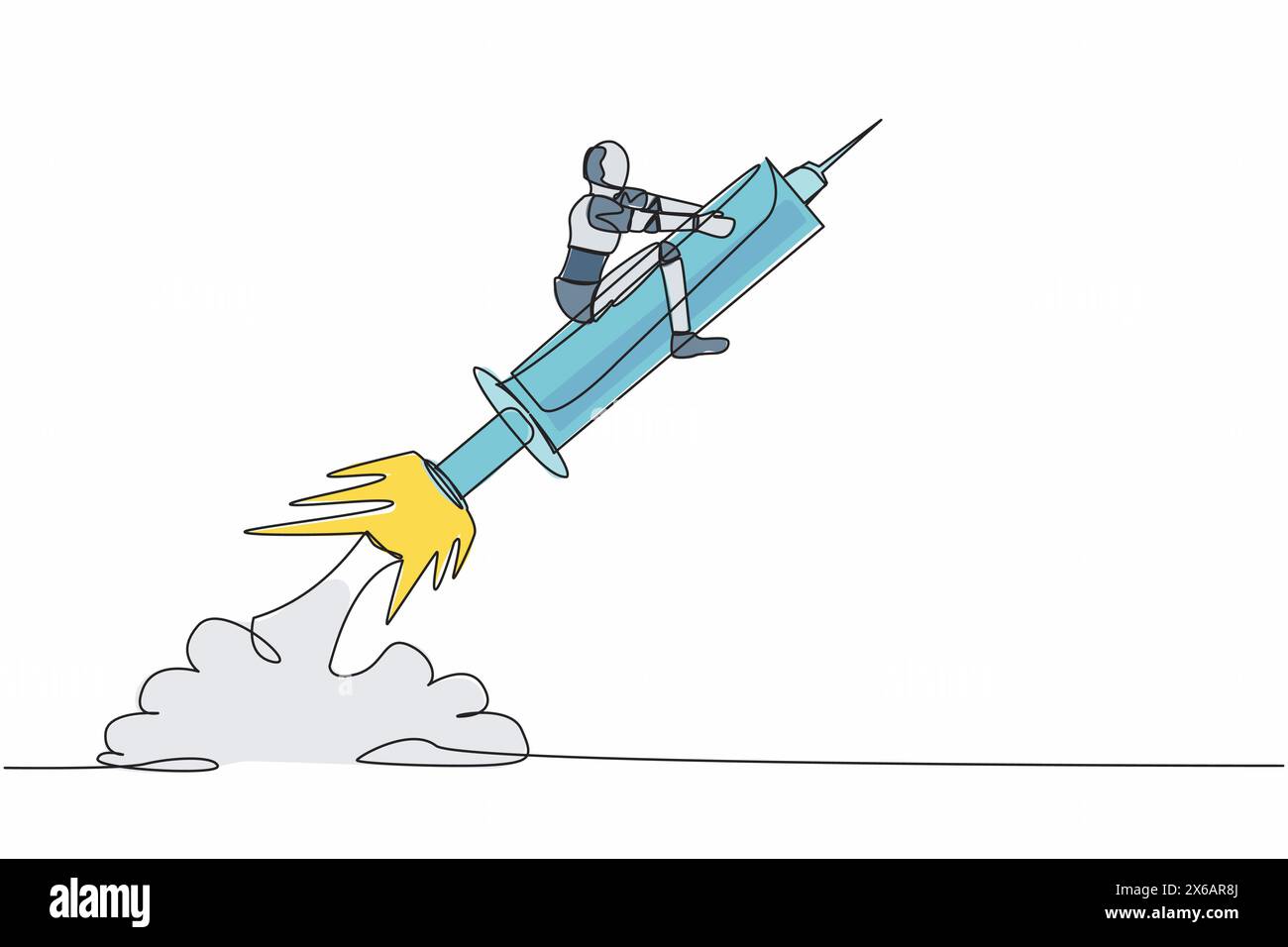 Continuous one line drawing robot riding syringe rocket flying in the ...
