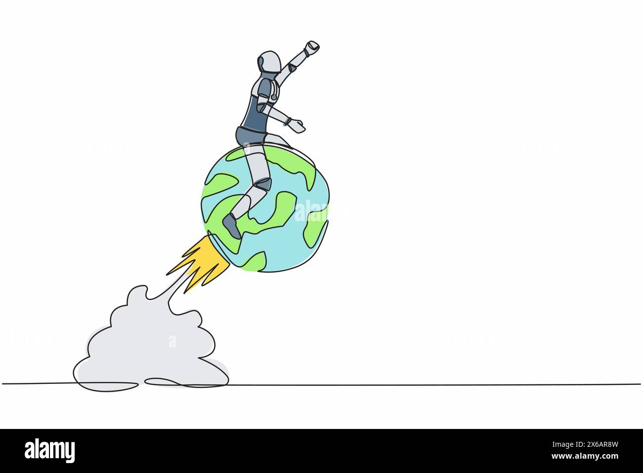 Single Continuous Line Drawing Of Robot Riding Sphere Globe Rocket