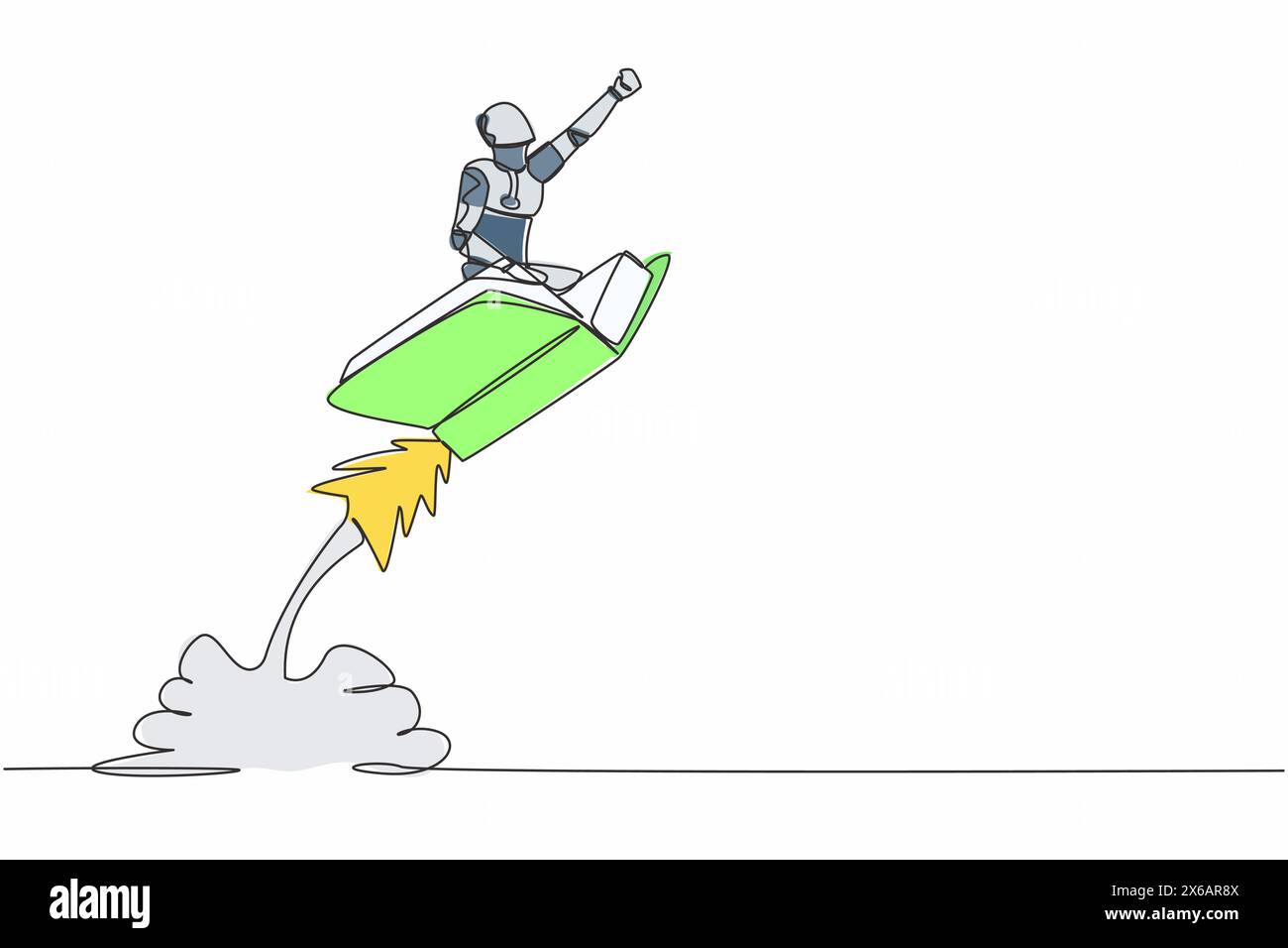 Single one line drawing robot riding book rocket flying in the sky ...