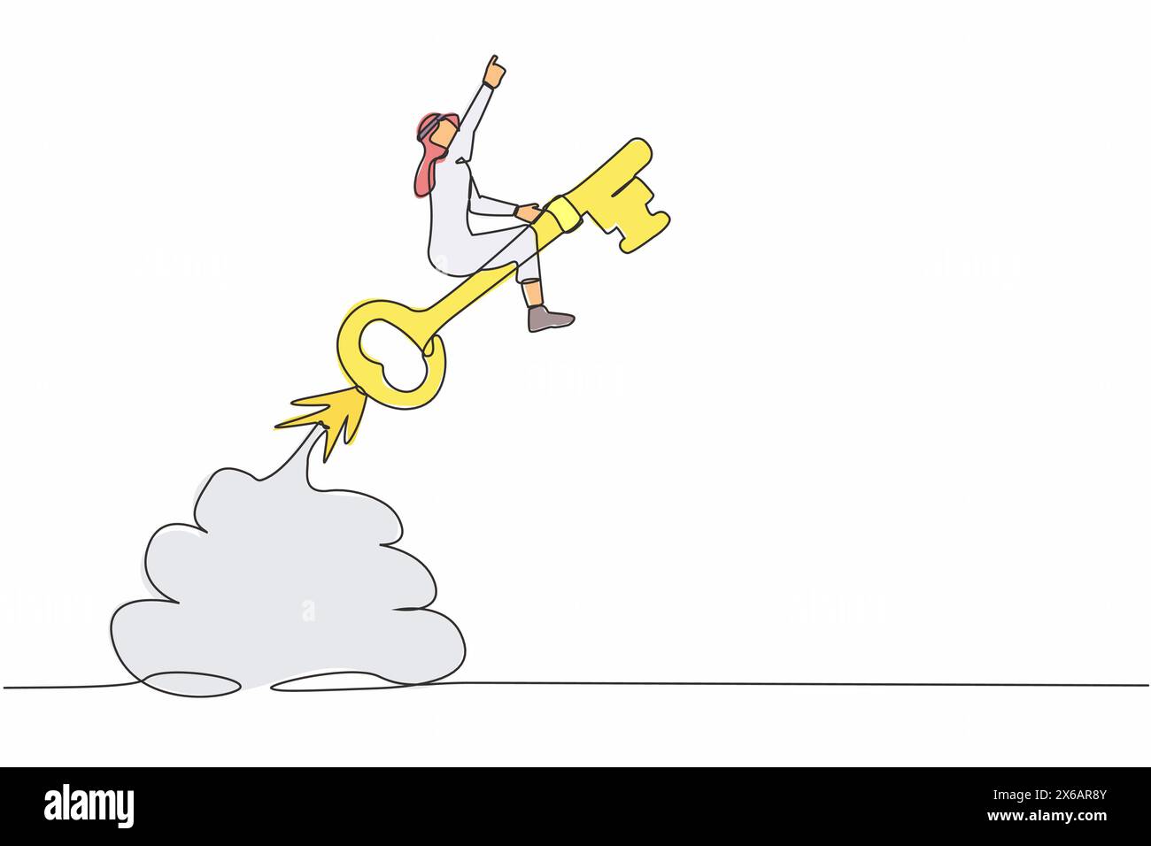 Continuous one line drawing Arab businessman riding key rocket flying ...