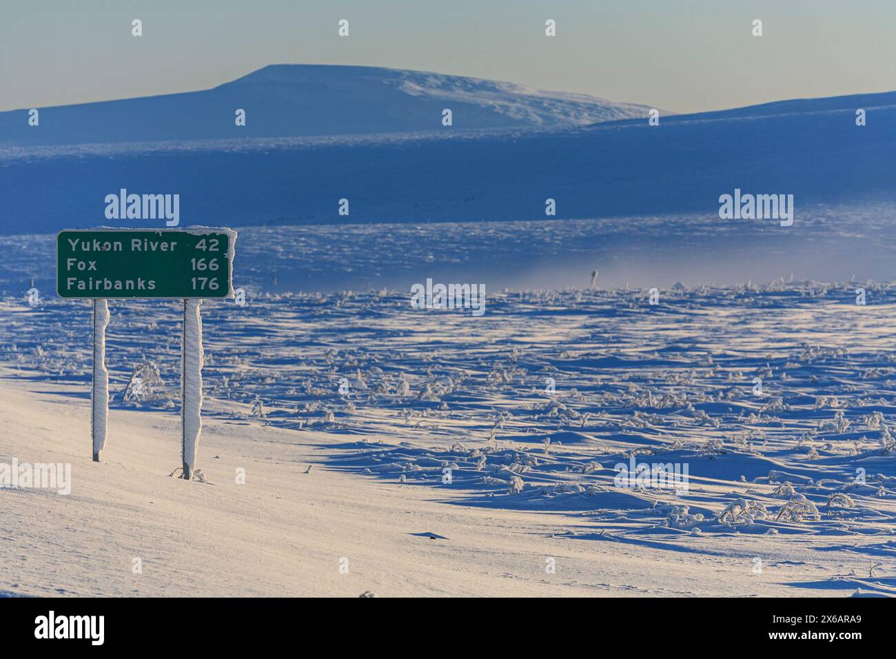 Traffic sign in winter at remote road, Dalton Highway, Alaska, USA ...