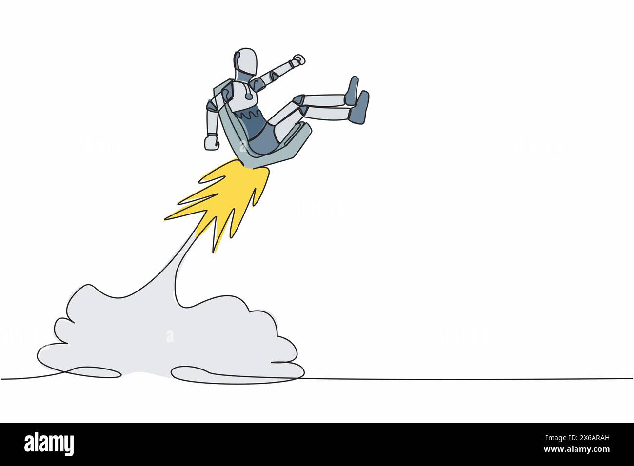 Single one line drawing robot riding office chair rocket flying in the ...