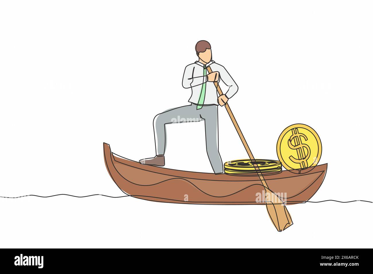 Continuous one line drawing businessman standing in boat and sailing ...