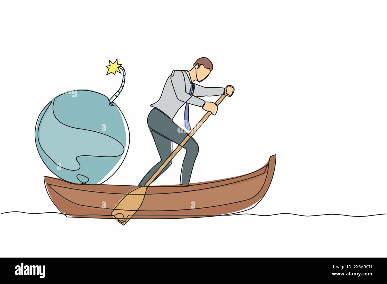 Single continuous line drawing businessman standing in boat and sailing ...