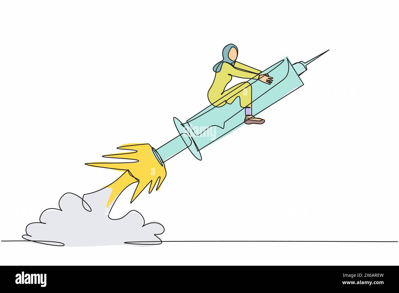 Single continuous line drawing Arab businesswoman riding syringe rocket ...
