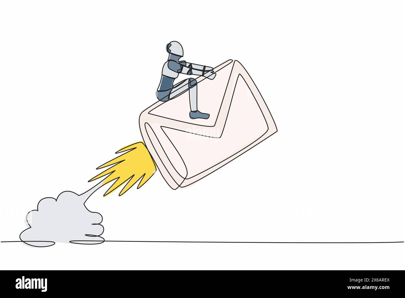 Single one line drawing robot riding paper envelope rocket flying in ...