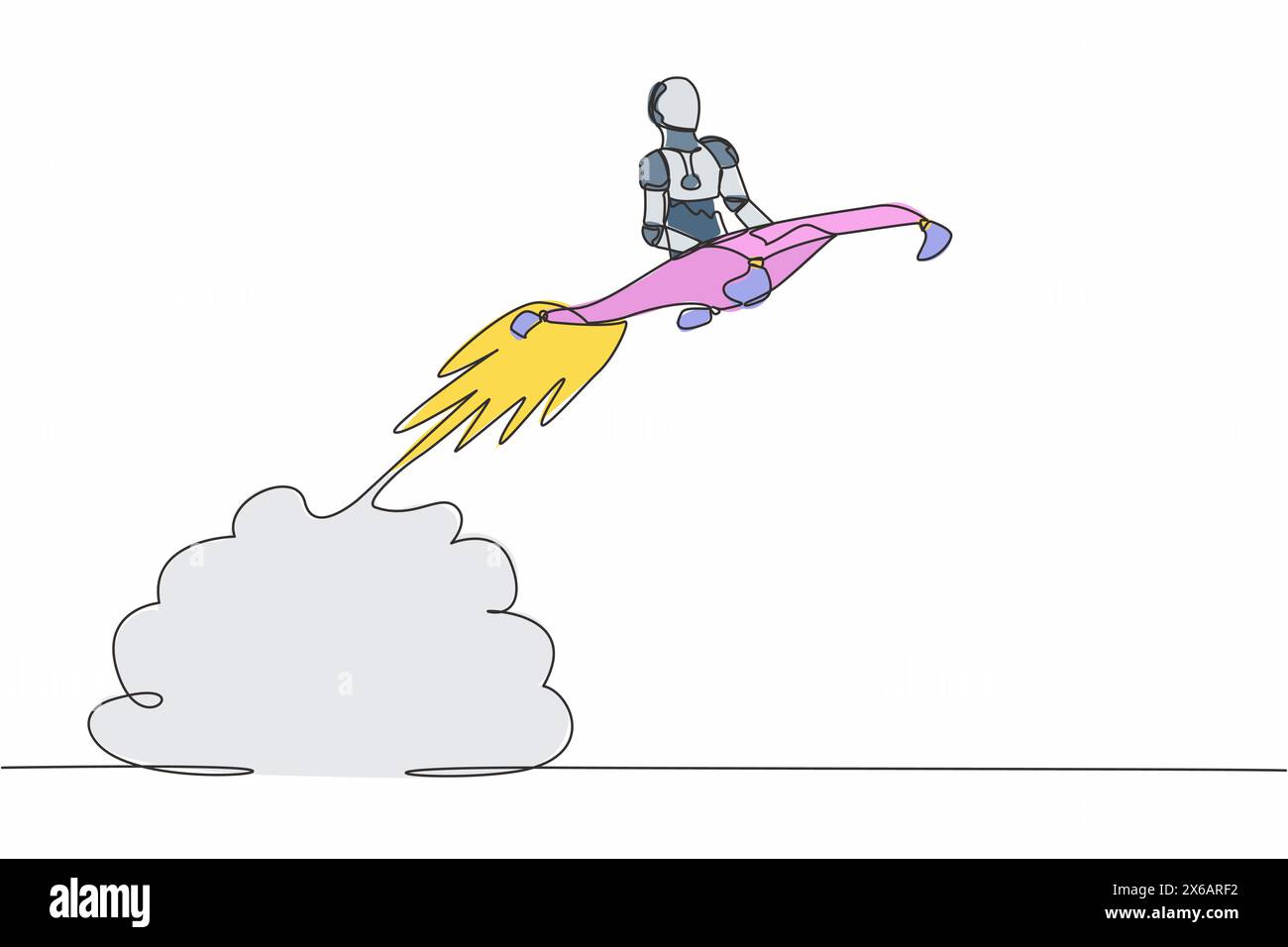 Single one line drawing robot riding magic carpet rocket flying in the ...