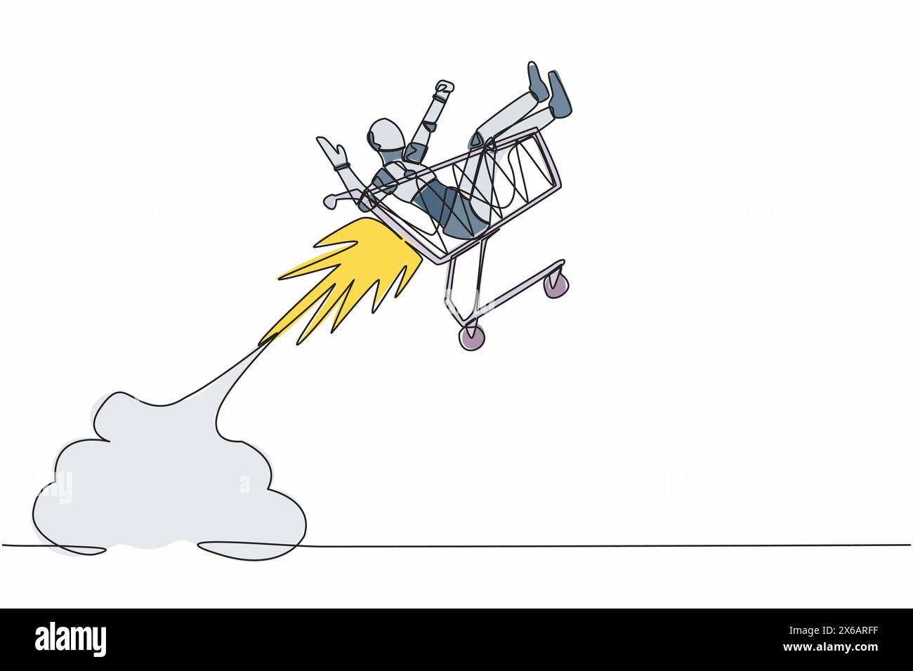 Single one line drawing robot riding shopping trolley rocket flying in ...