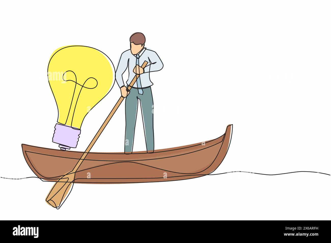 Continuous one line drawing businessman standing in boat and sailing ...