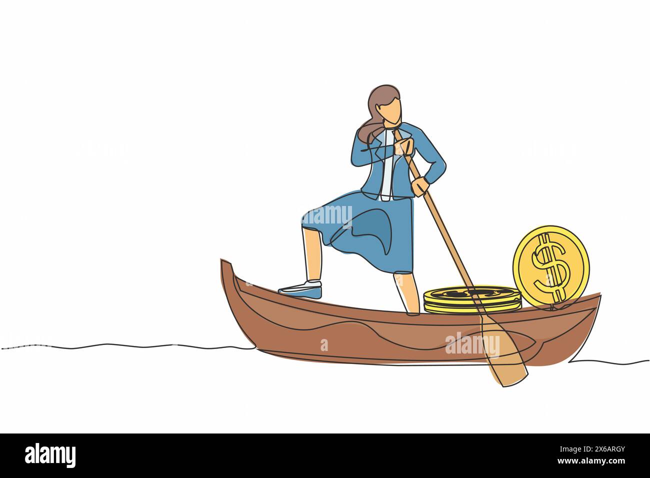 Continuous one line drawing businesswoman sailing away on boat with ...