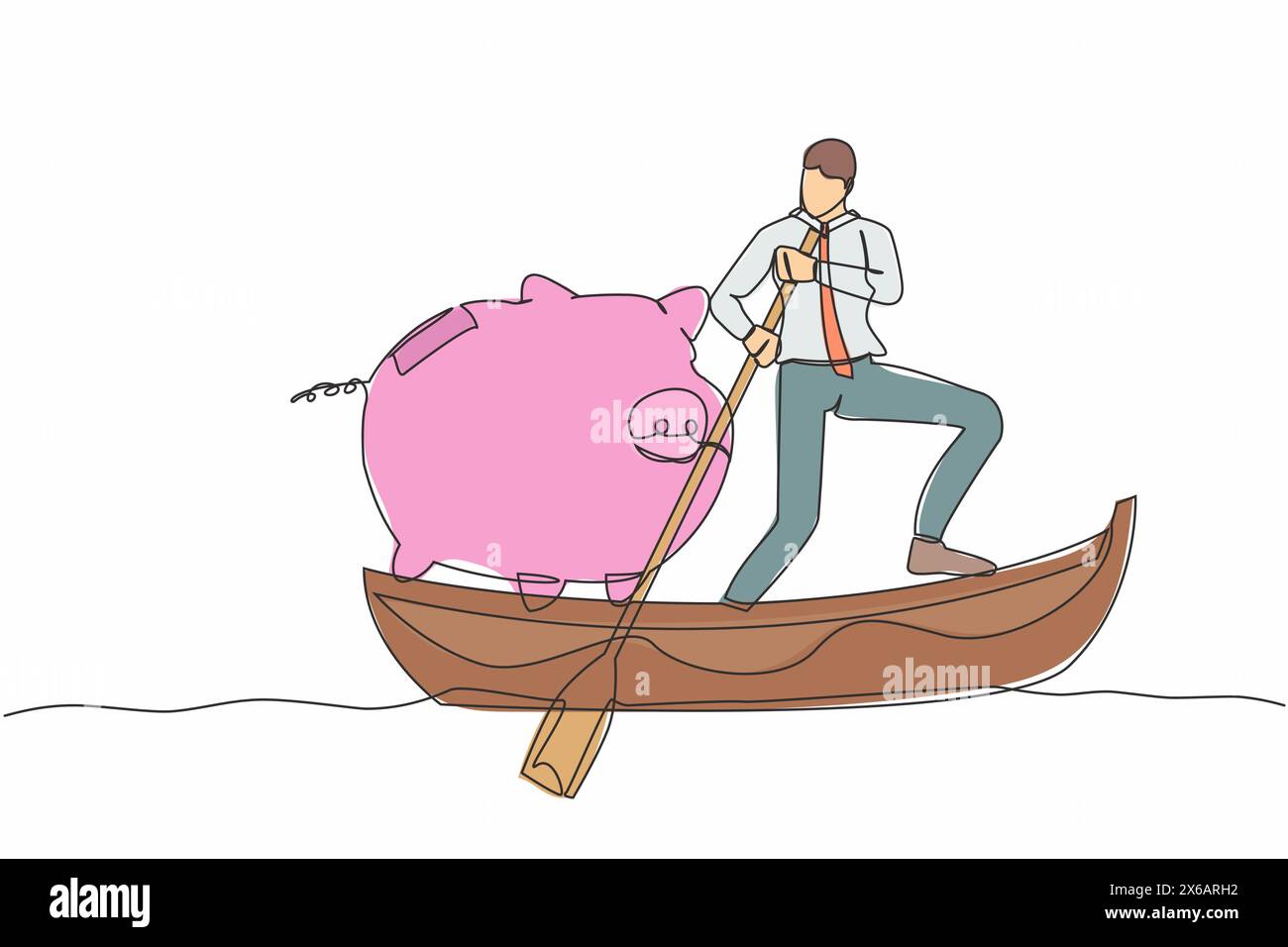 Single continuous line drawing of businessman standing in boat and ...