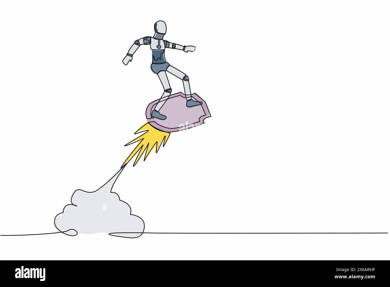 Continuous One Line Drawing Of Robot Riding Shield Rocket Flying In The