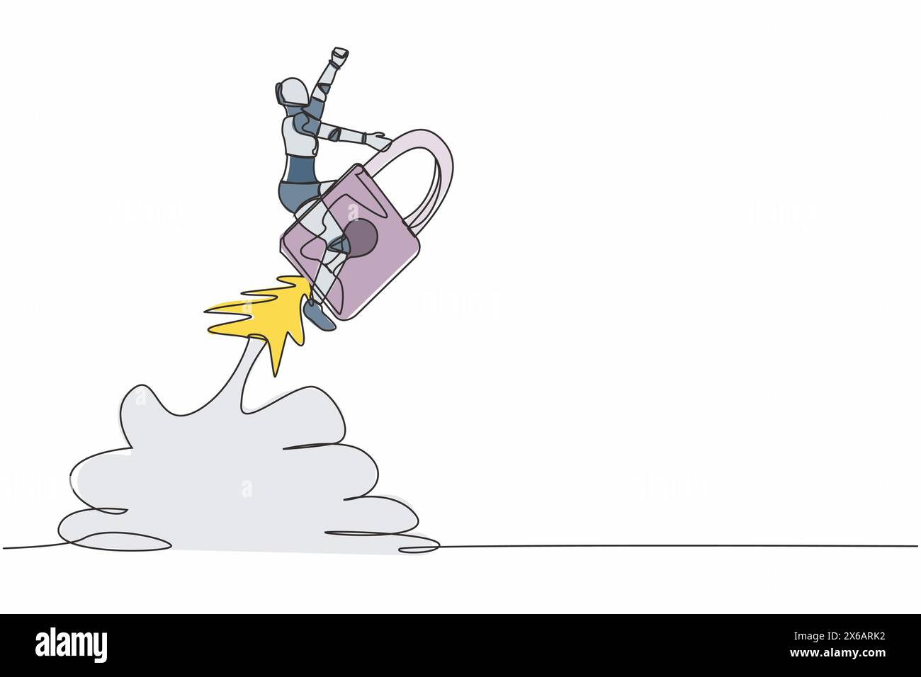 Single one line drawing robot riding padlock rocket flying in sky ...