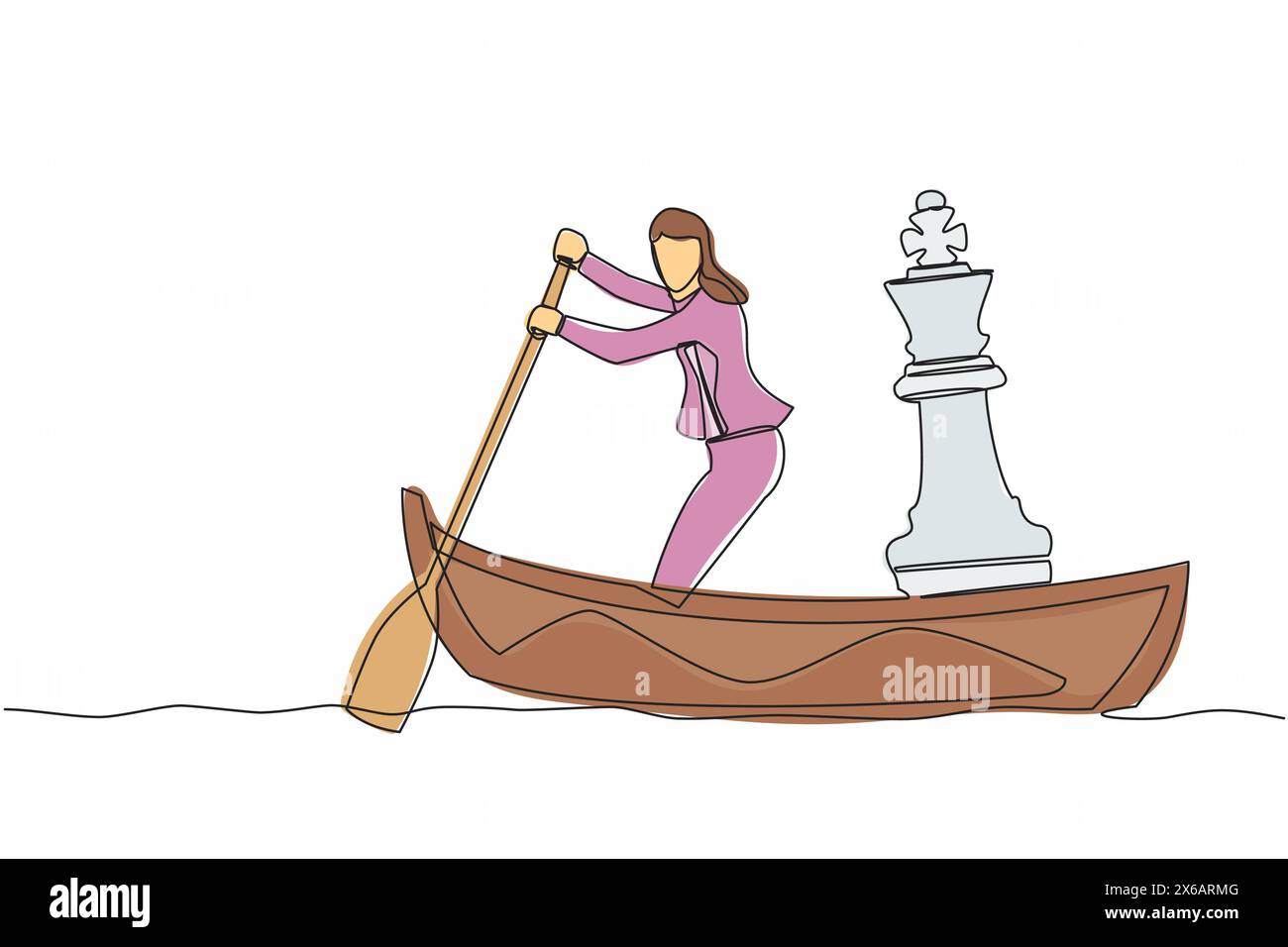 Single one line drawing businesswoman sailing away on boat with chess ...