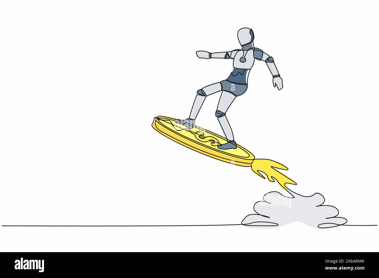 Single one line drawing robot riding dollar coin rocket flying in the ...