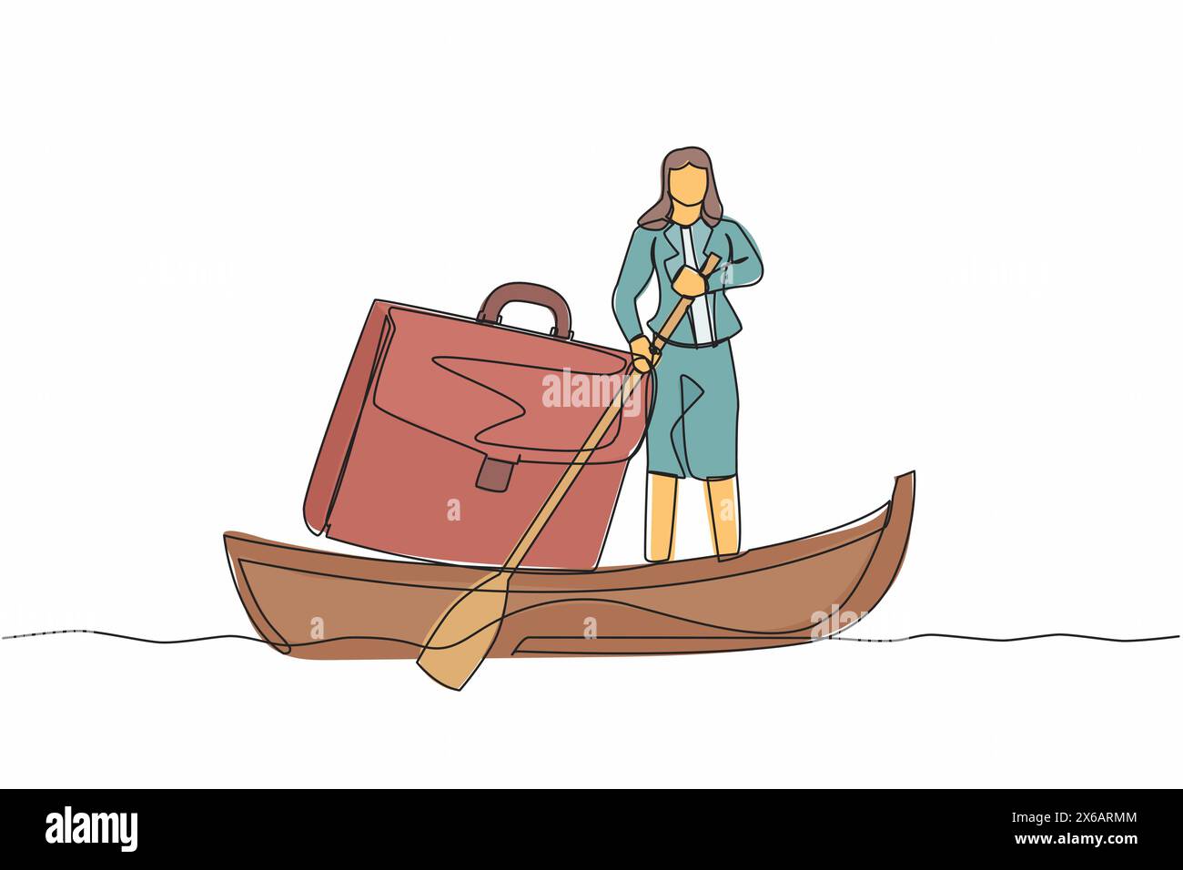 Continuous one line drawing businesswoman sailing away on boat with ...