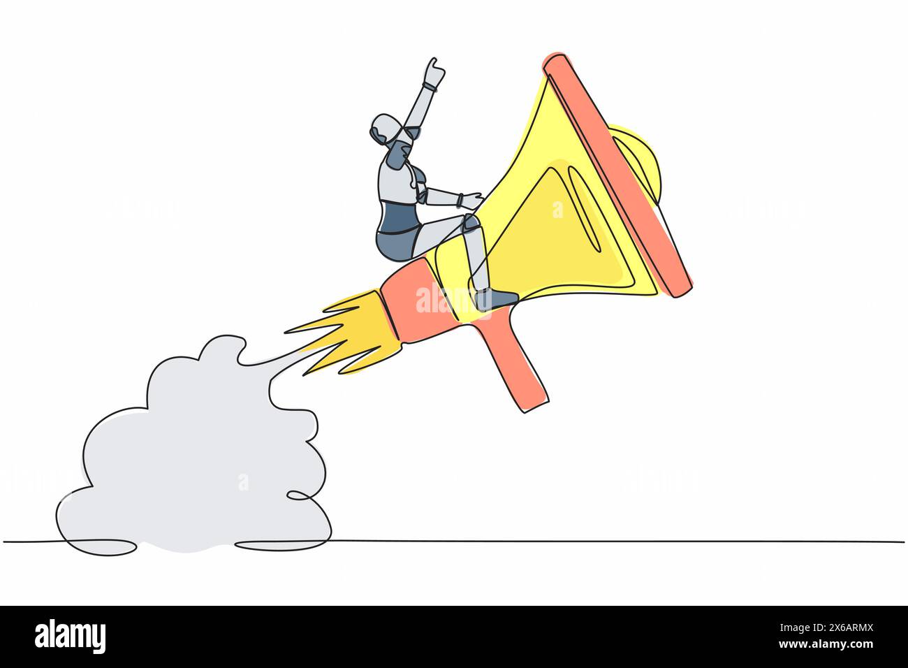 Continuous One Line Drawing Of Robot Riding Megaphone Rocket Flying In