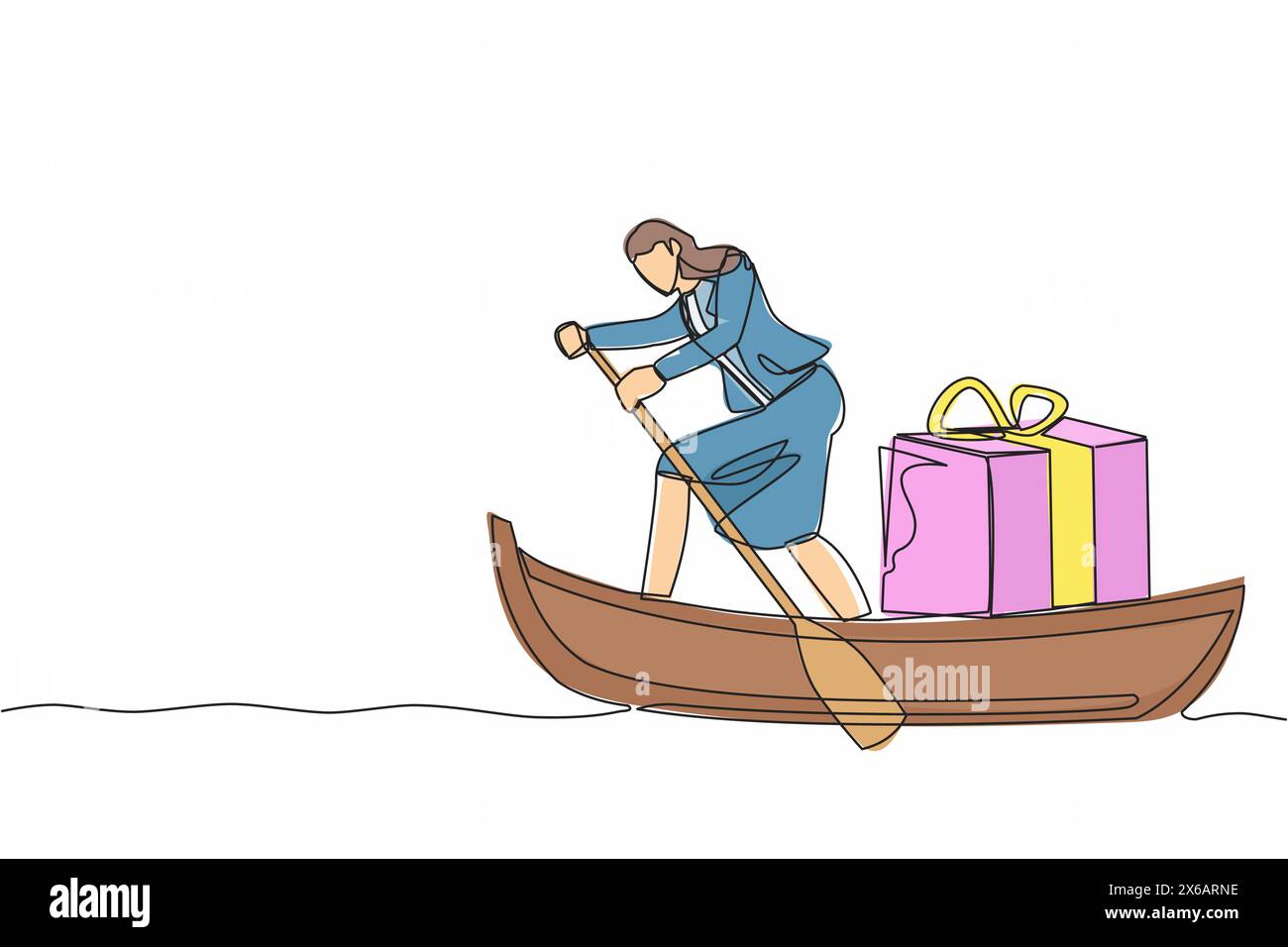 Single continuous line drawing businesswoman sailing away on boat with ...