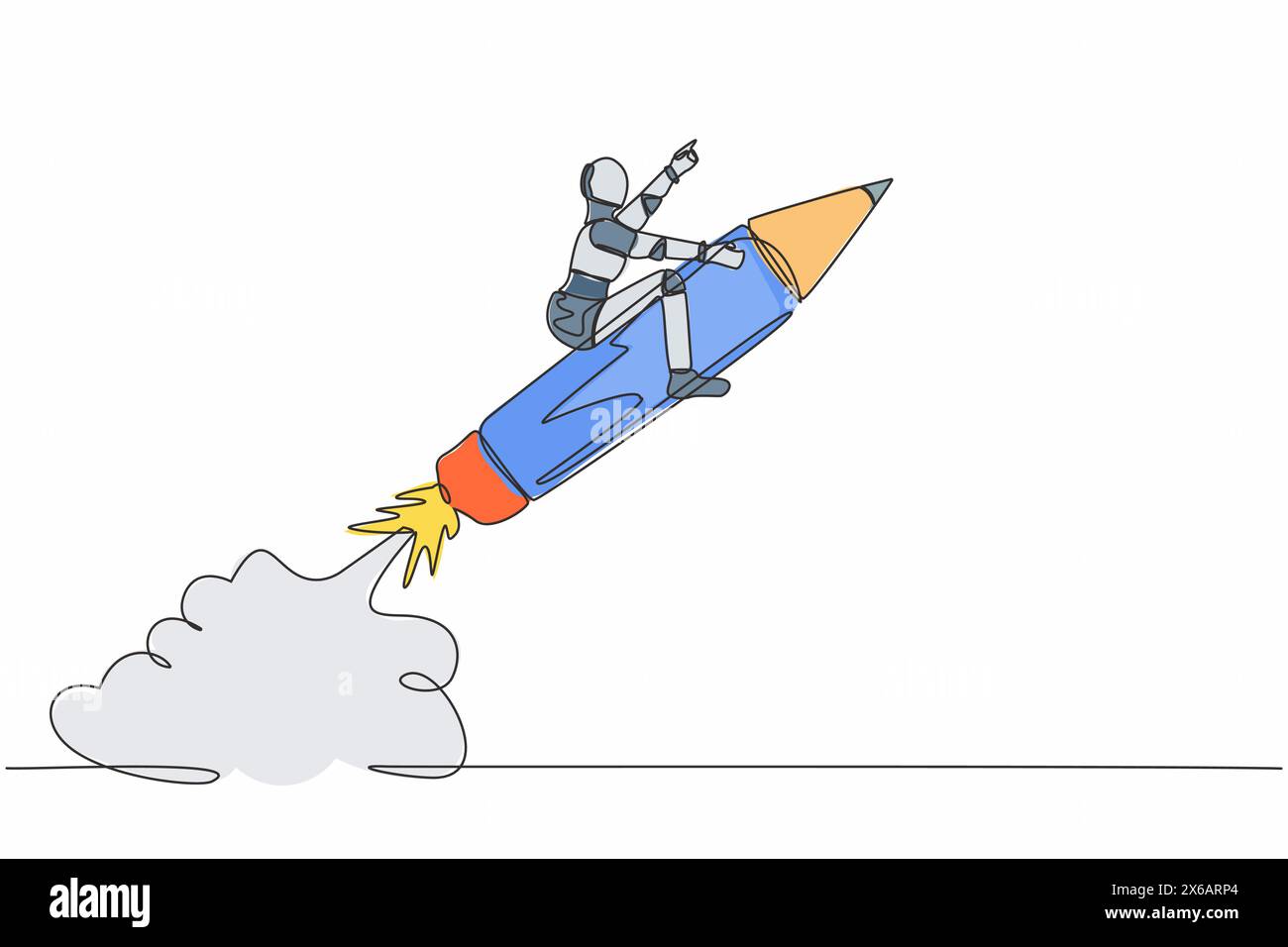 Single continuous line drawing robot riding pencil rocket flying in the ...