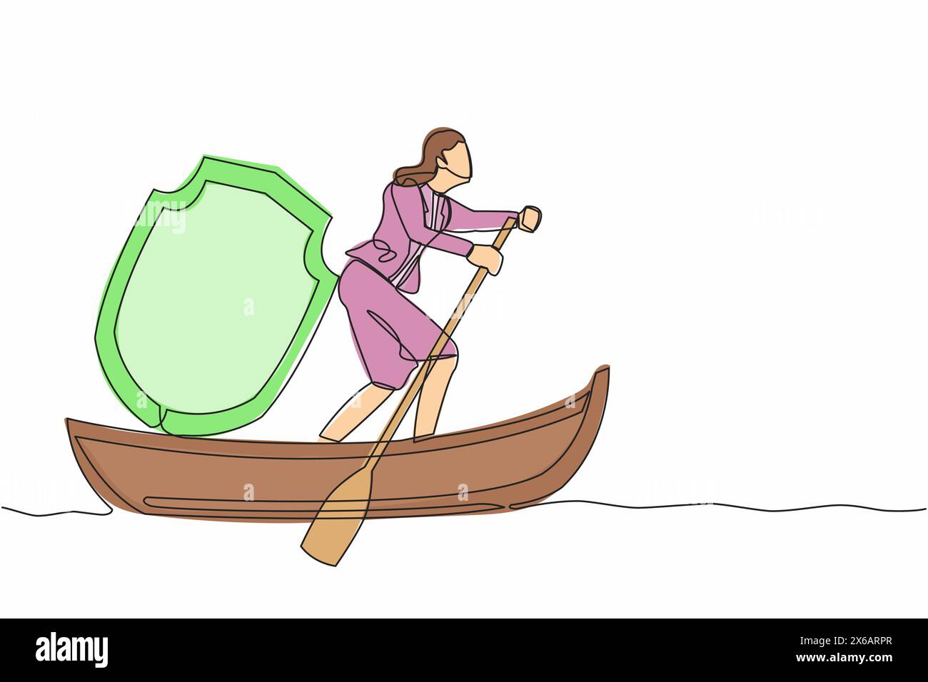 Single continuous line drawing businesswoman sailing away on boat with ...