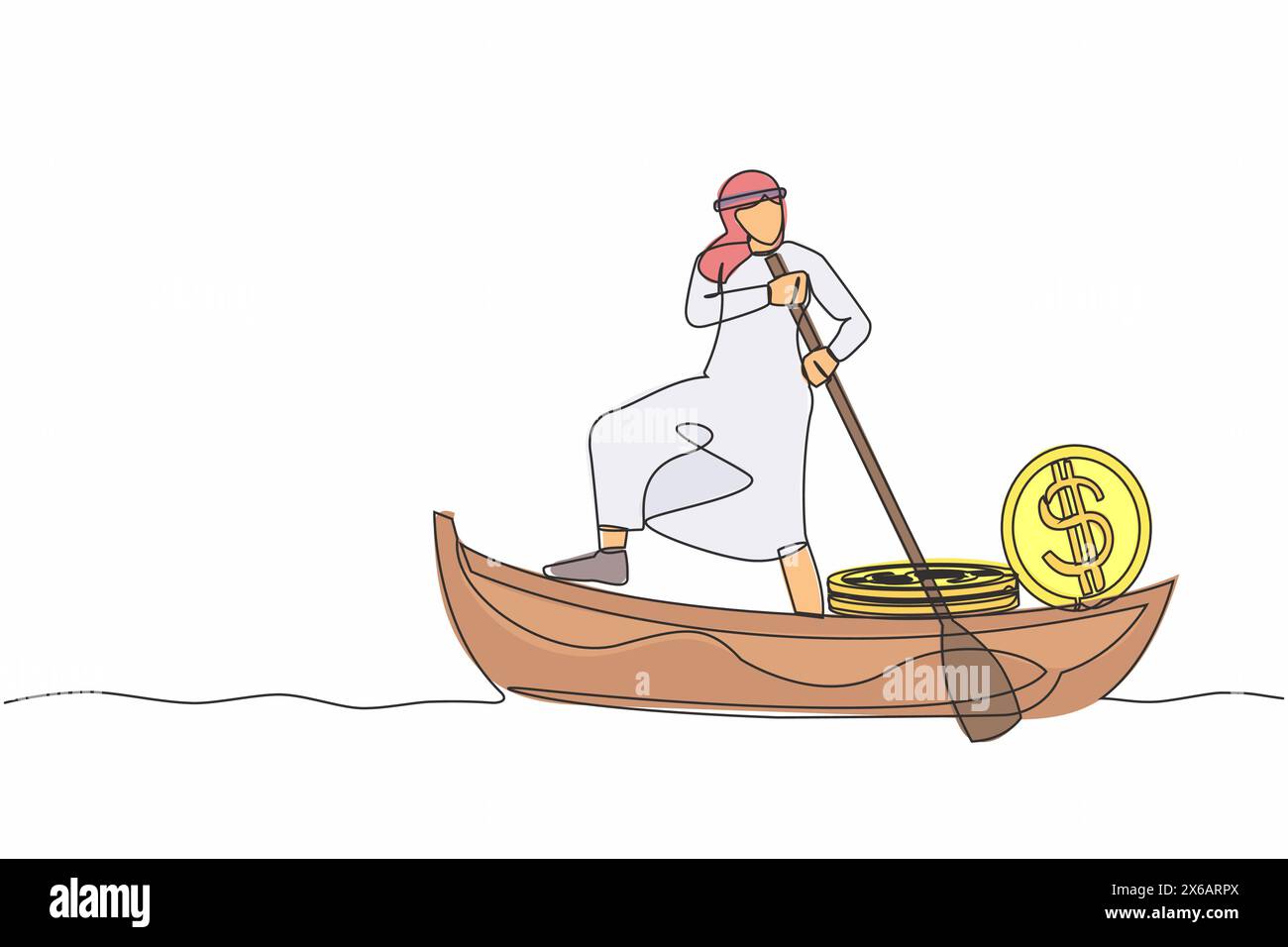 Single one line drawing Arabian businessman sailing away on boat with ...