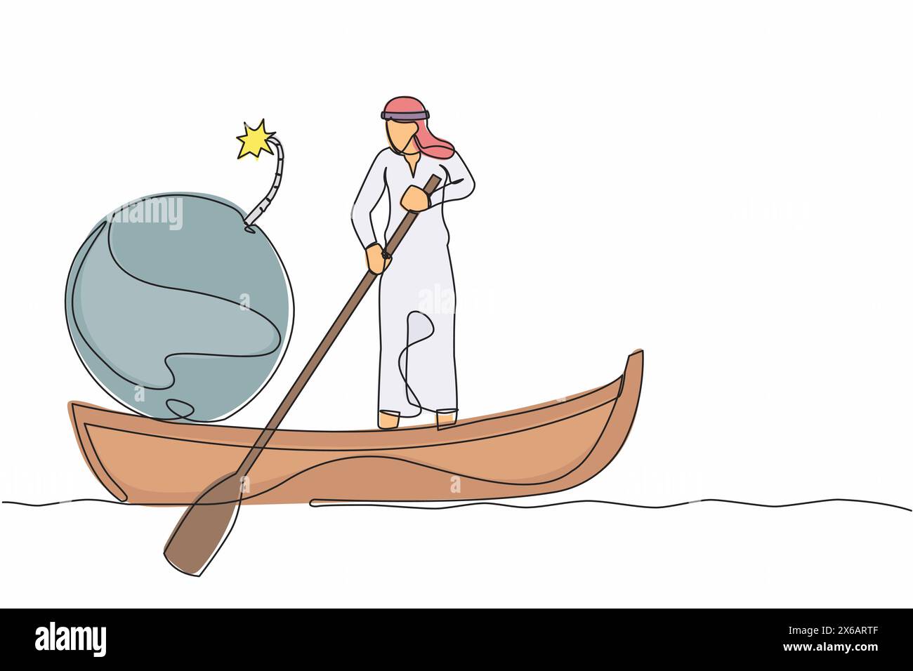 Single continuous line drawing Arab businessman sailing away on boat ...