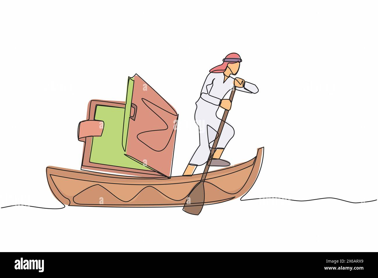Single one line drawing Arab businessman sailing away on boat with ...