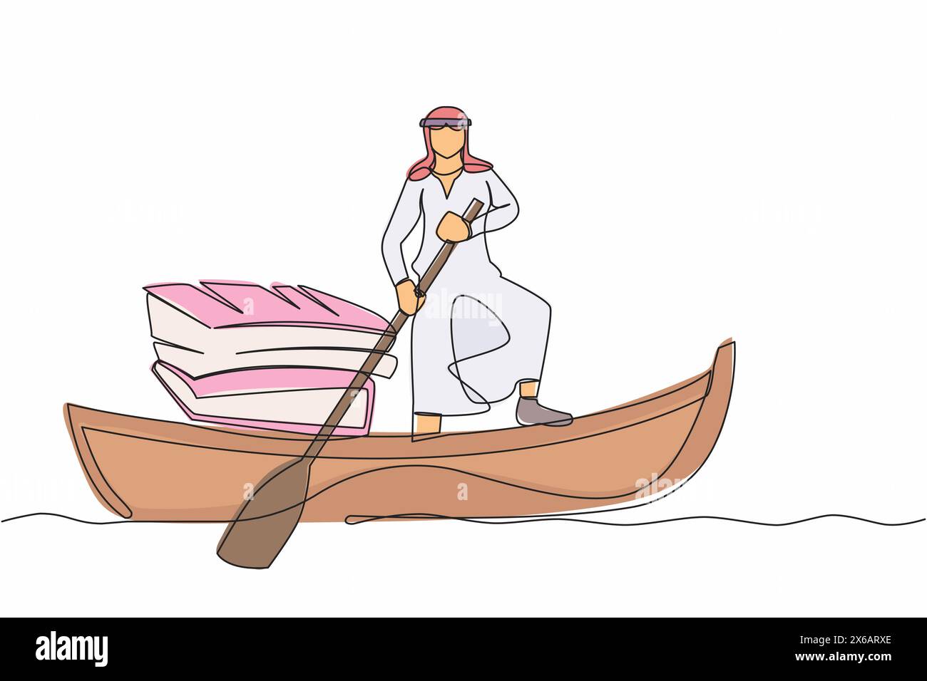 Single continuous line drawing Arab businessman sailing away on boat ...