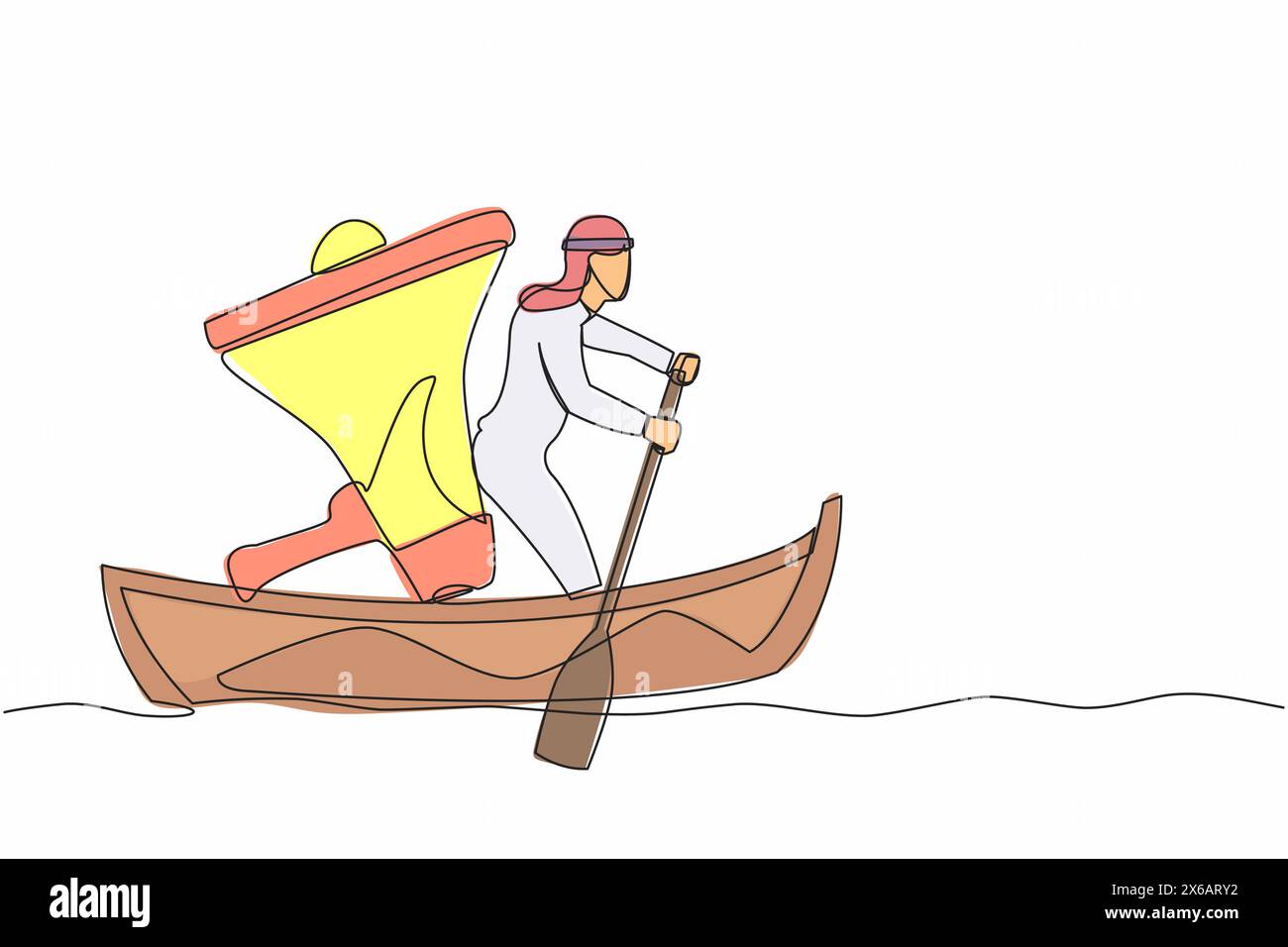 Single one line drawing Arabian businessman sailing away on boat with ...