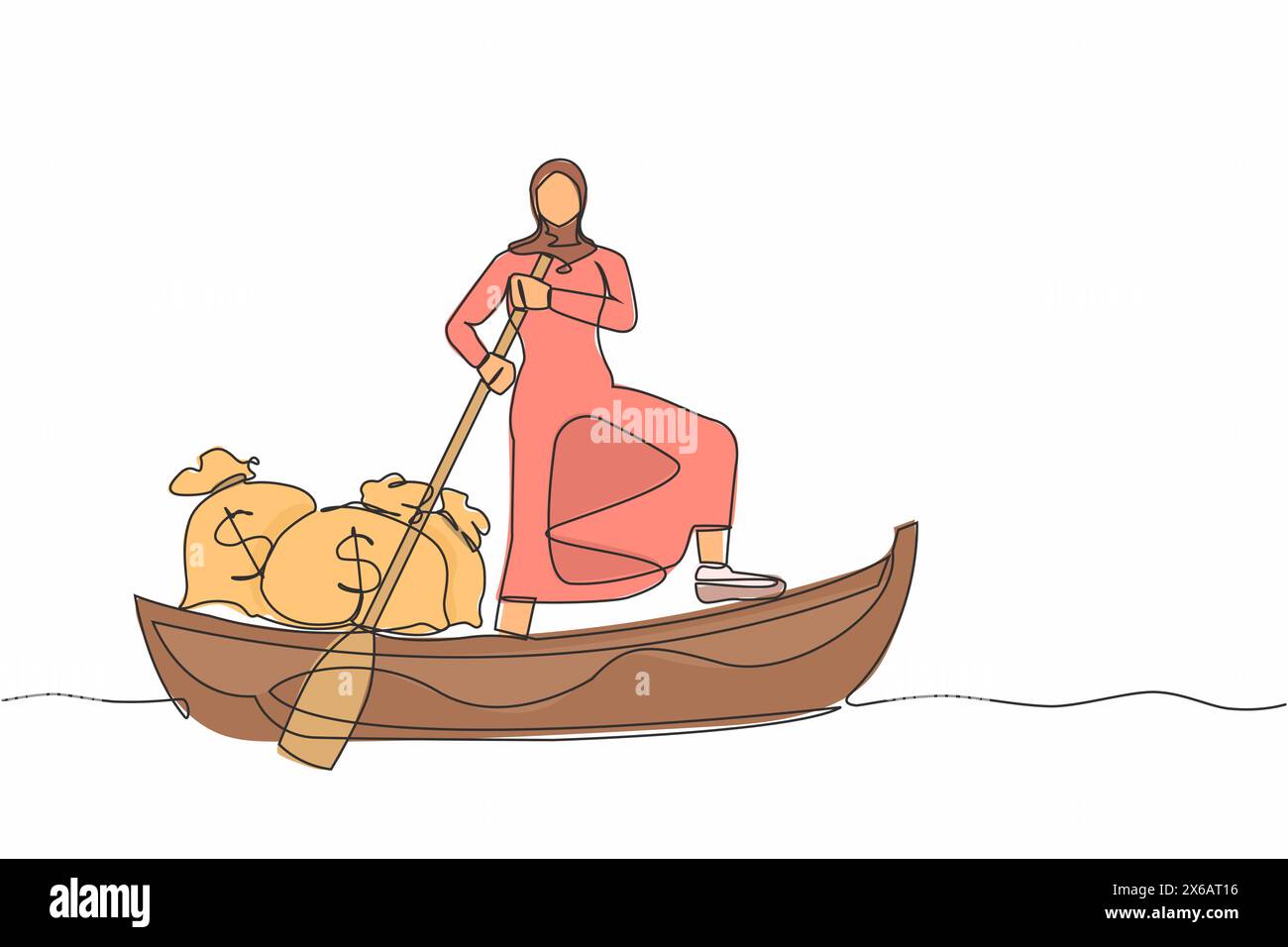 Single continuous line drawing Arab businesswoman standing in boat and ...