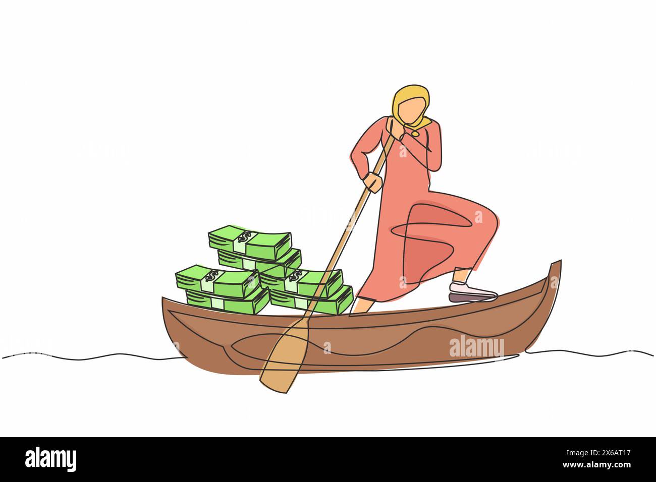 Continuous one line drawing Arab businesswoman standing in boat sailing ...