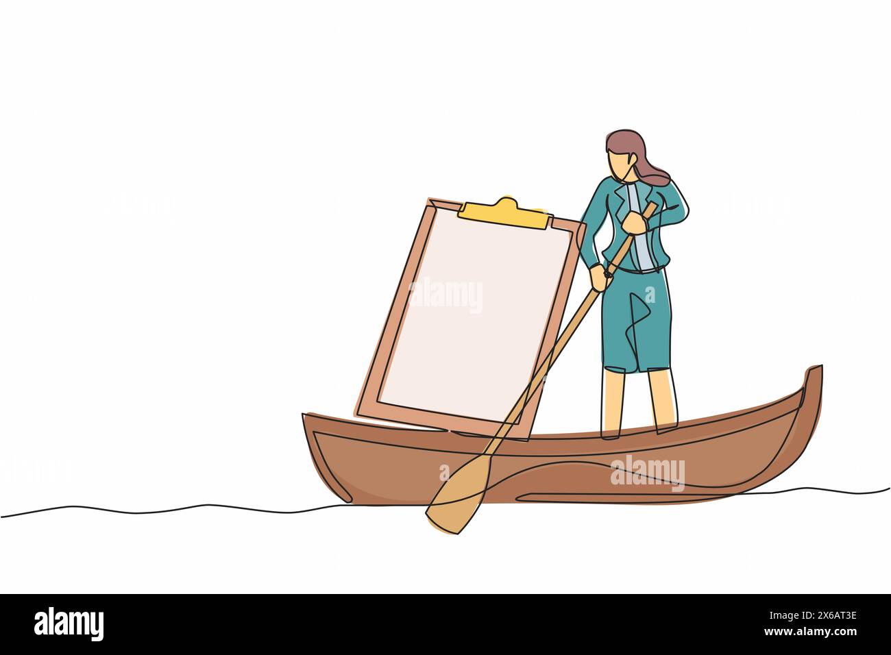 Single one line drawing businesswoman sailing away on boat with ...