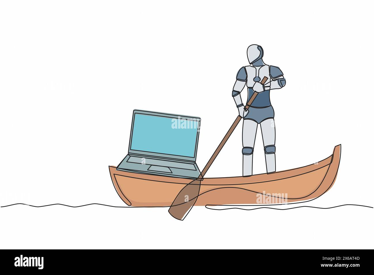 Single one line drawing of robot sailing away on boat with laptop ...