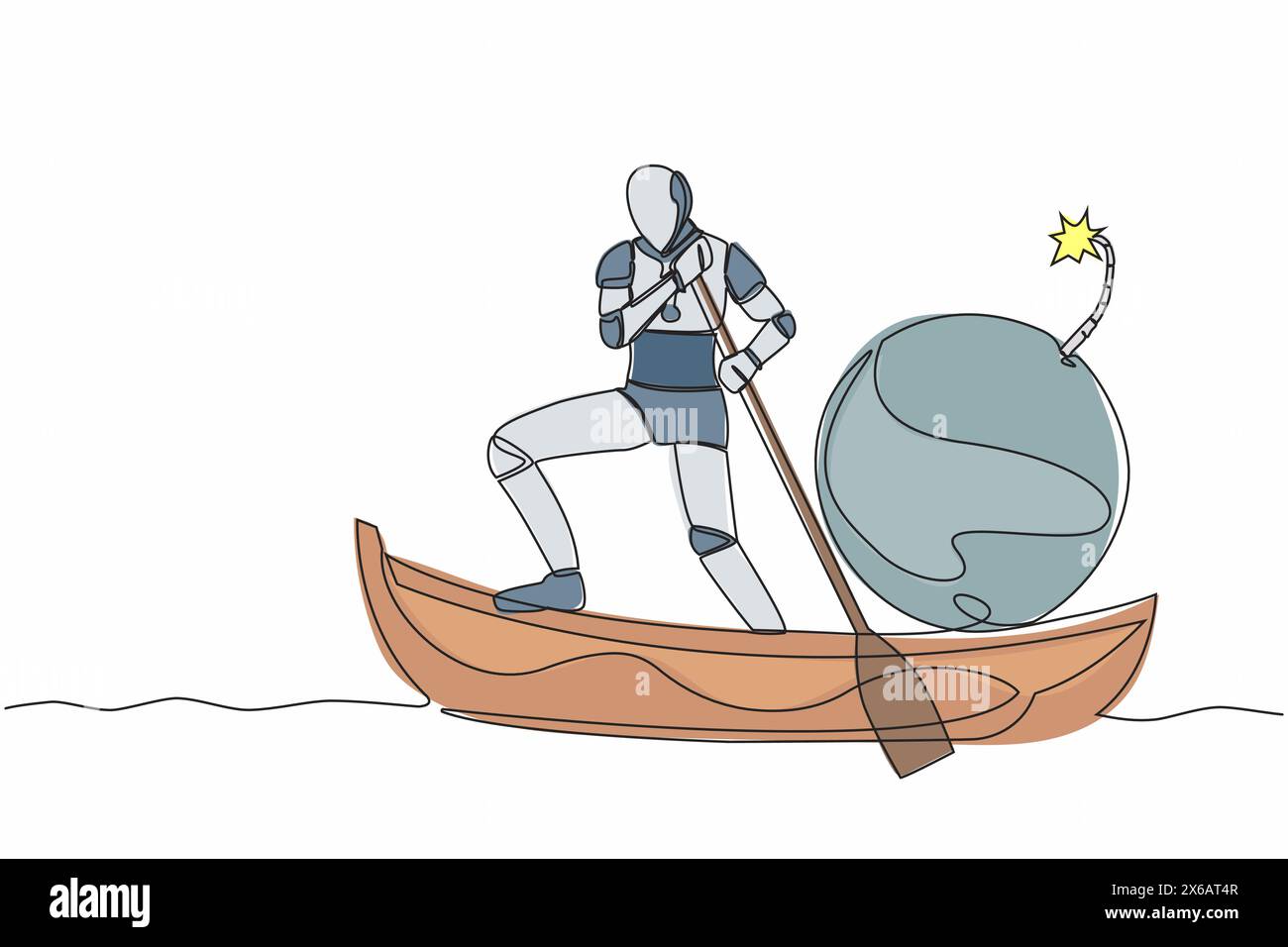 Continuous one line drawing of robot sailing away on boat with bomb ...
