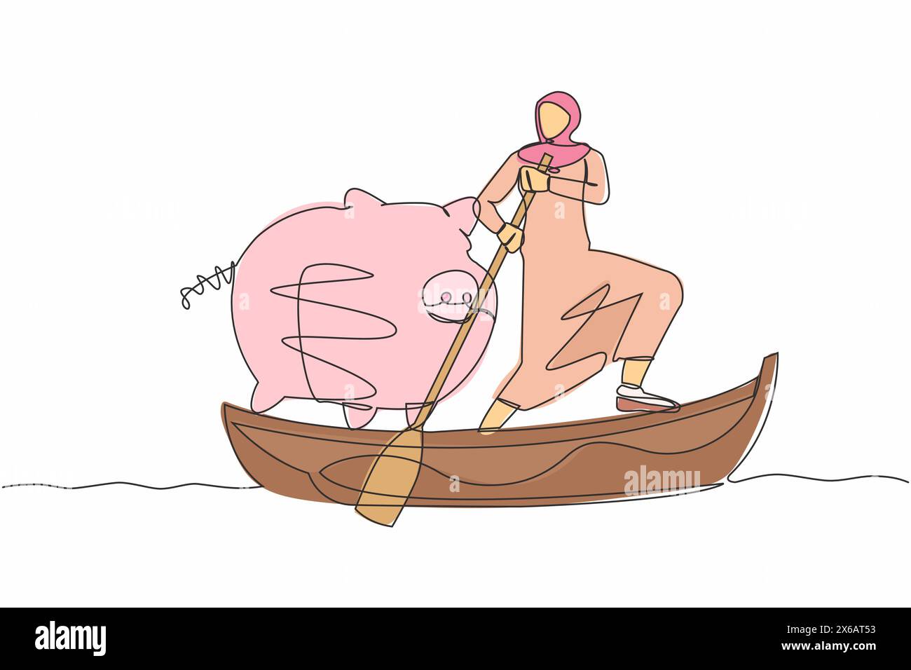 Single continuous line drawing Arabian businesswoman standing in boat ...