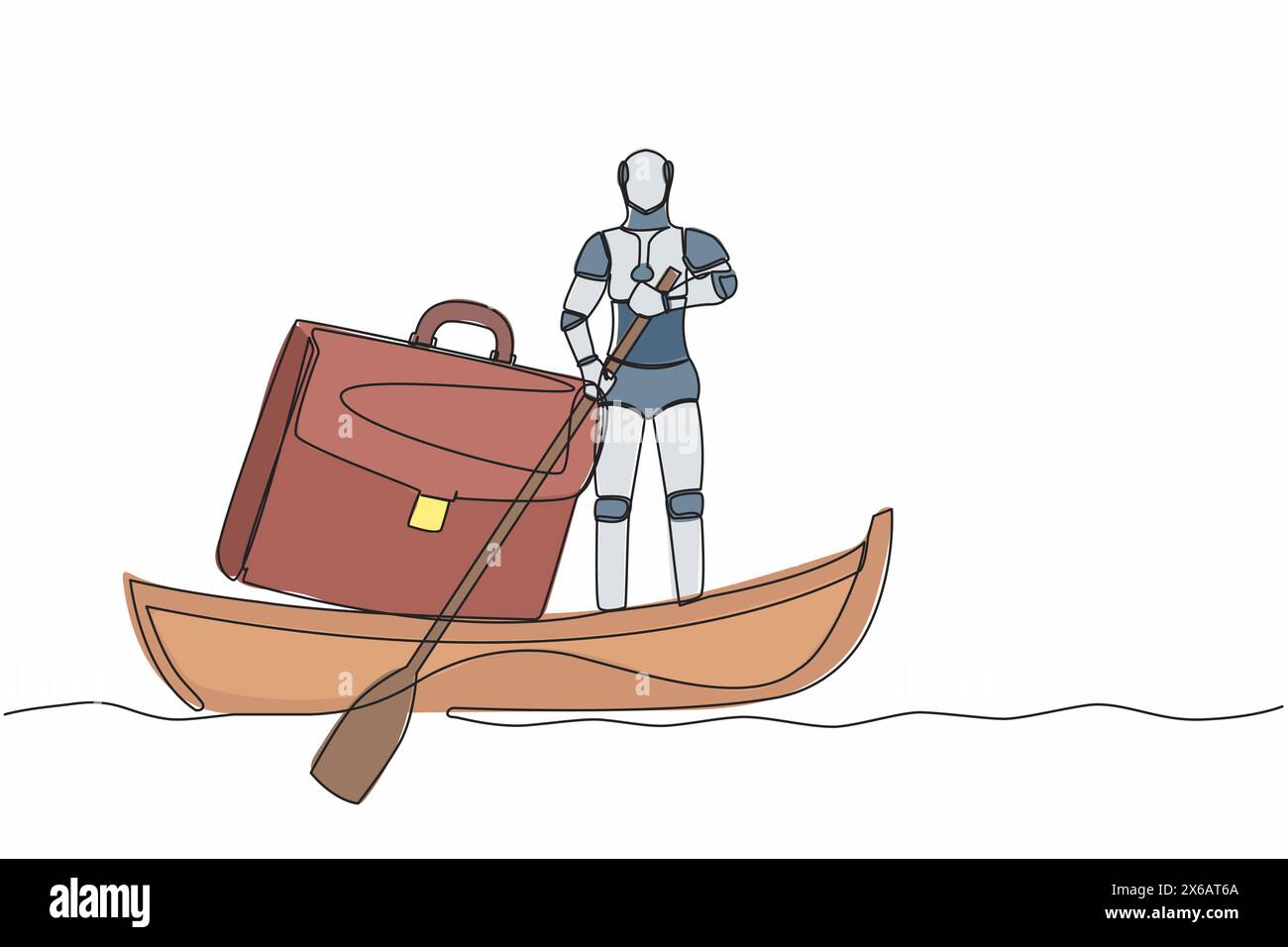 Single one line drawing of robot sailing away on boat with briefcase ...