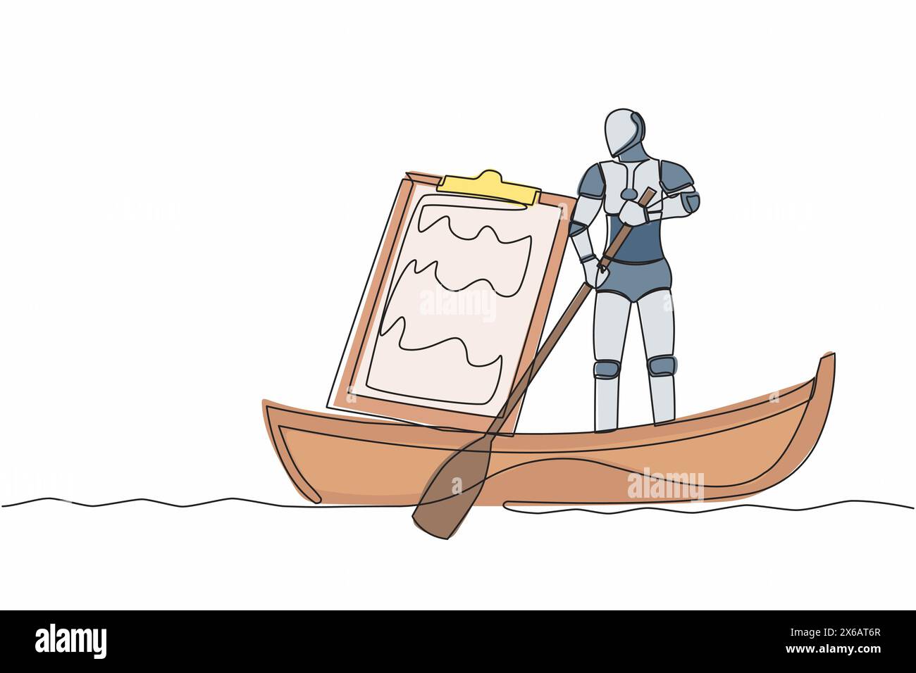 Single continuous line drawing robot sailing away on boat with ...